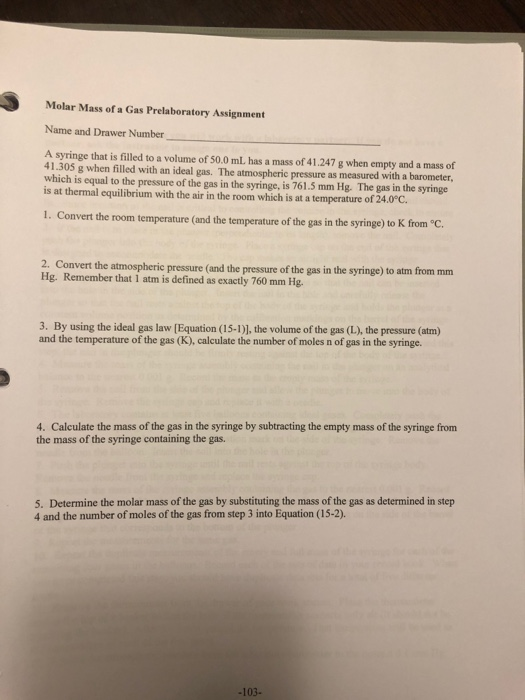 Solved Molar Mass of a Gas Prelaboratory Assignment Name and | Chegg.com