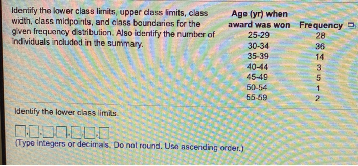 Solved Identify the lower class limits, upper class limits, | Chegg.com