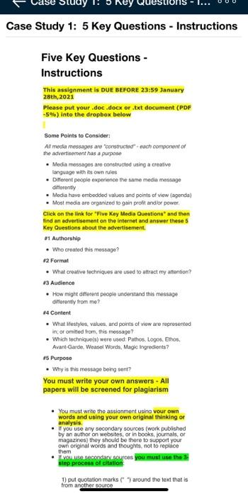 Case Study 1: 5 Key Questions - Instructions Five Key | Chegg.com