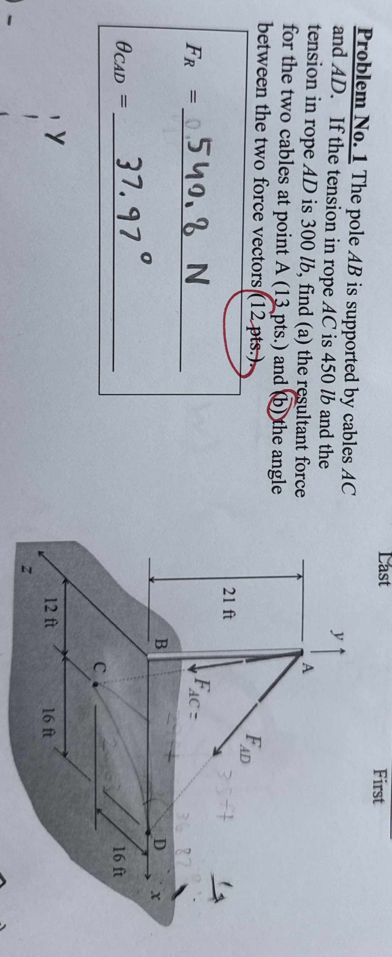 Solved Problem No. 1 ﻿The pole AB ﻿is supported by cables AC | Chegg.com