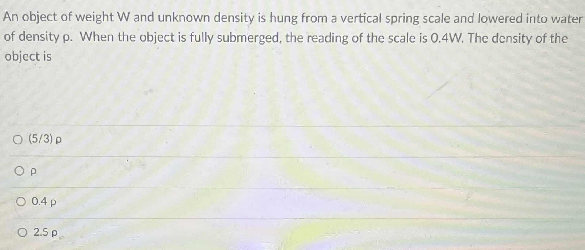 Solved An object of weight W ﻿and unknown density is hung | Chegg.com