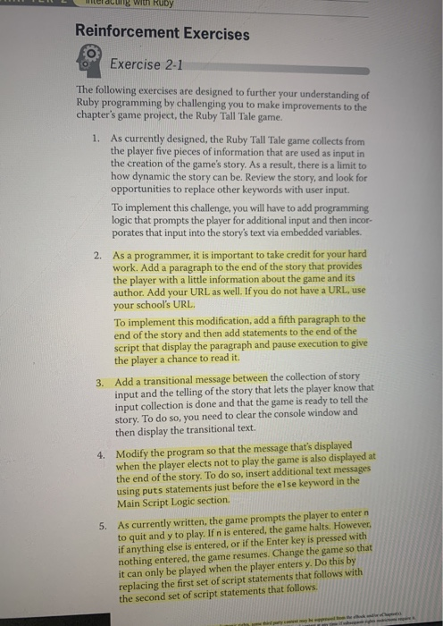 with Ruby Reinforcement Exercises Exercise 2-1 The | Chegg.com