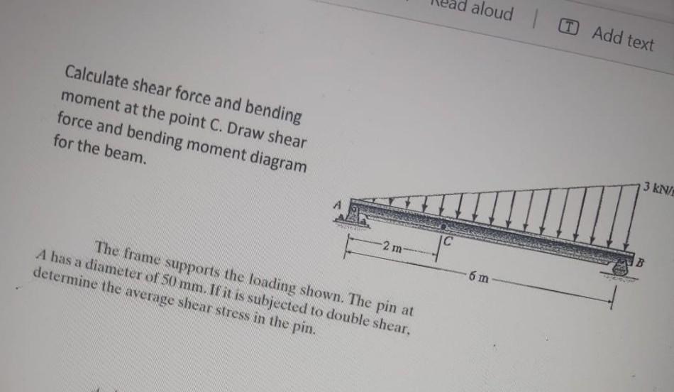 Solved aloud | D Add text Calculate shear force and bending | Chegg.com