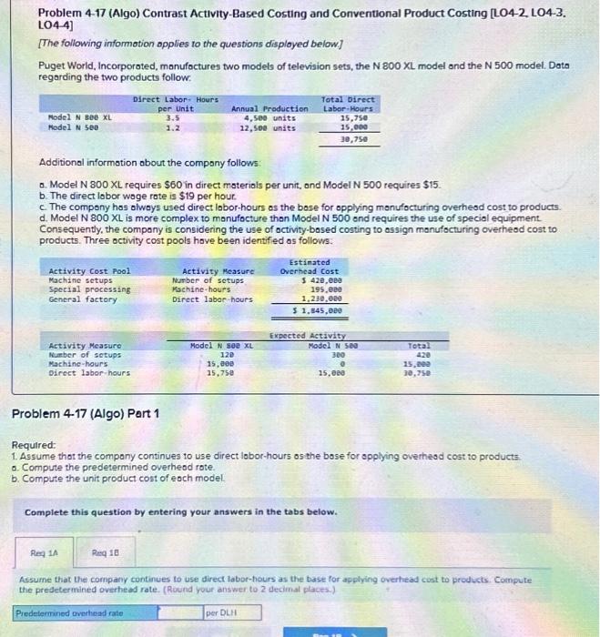 Solved Problem 4-17 (Algo) Contrast Activity-Based Costing | Chegg.com