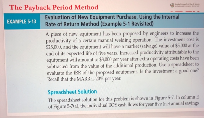 Solved The Payback Period Method EXAMPLE 5-13 Evaluation of | Chegg.com