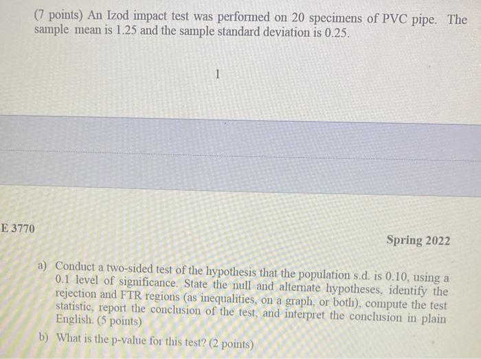 Solved (7 points) An Izod impact test was performed on 20 | Chegg.com