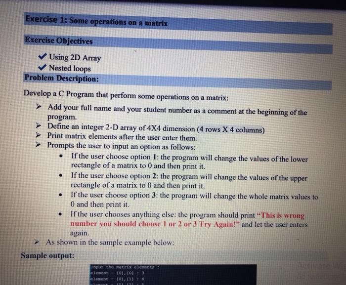 Solved Exercise 1: Some operations on a matrix Exercise | Chegg.com