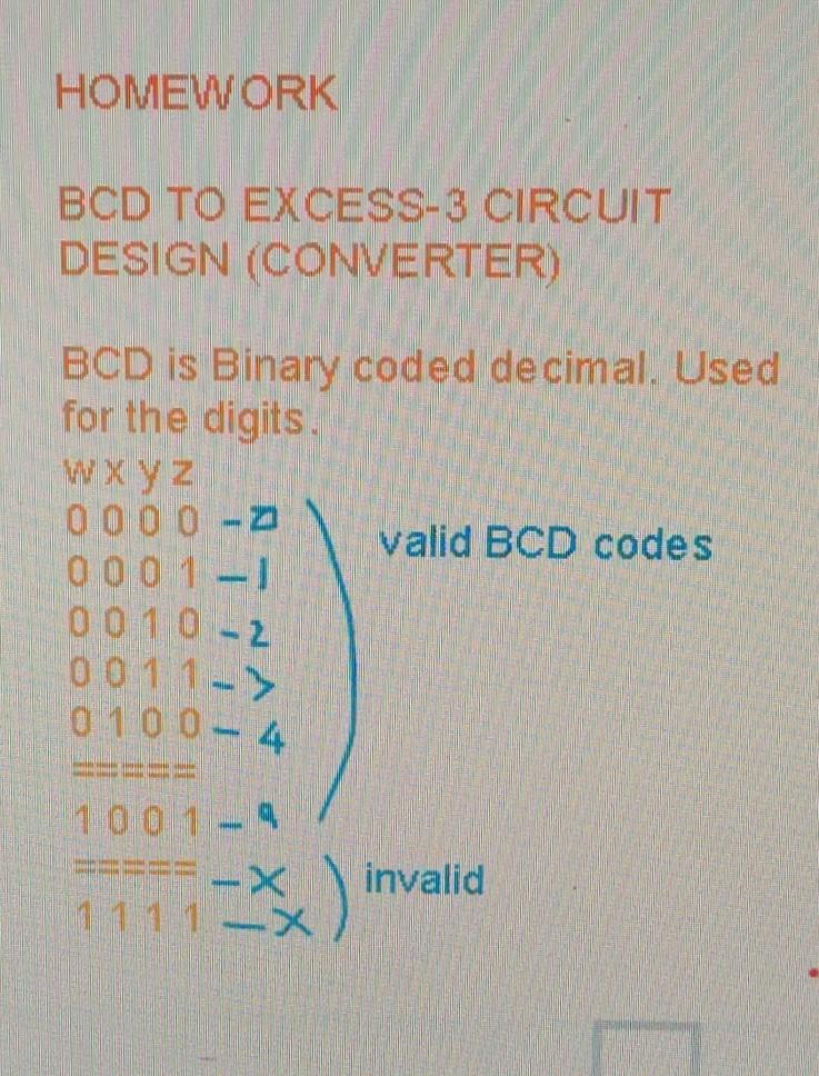 Solved HOMEWORK BCD TO EXCESSLG CIRCUIT DESIGN (CONVERTER) | Chegg.com