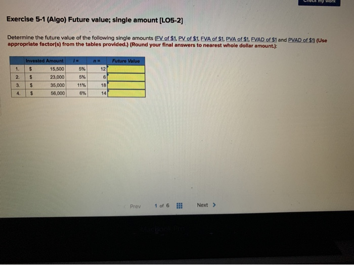 Solved Check my work Exercise 5-1 (Algo) Future value; | Chegg.com