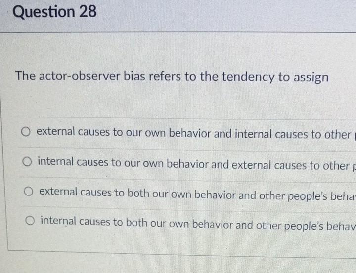 Solved Question 28 The actor-observer bias refers to the | Chegg.com