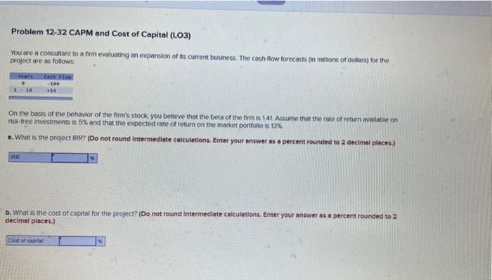 Solved Problem 12-32 CAPM and Cost of Capital (LO3) You are | Chegg.com