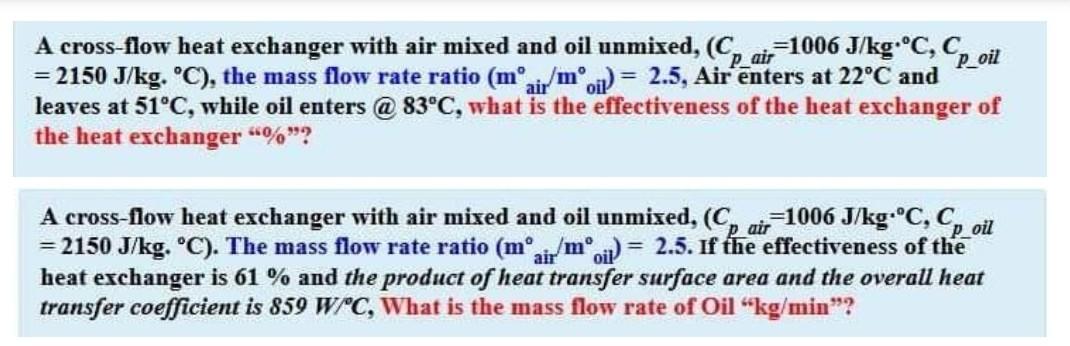 Solved A cross-flow heat exchanger with air mixed and oil | Chegg.com