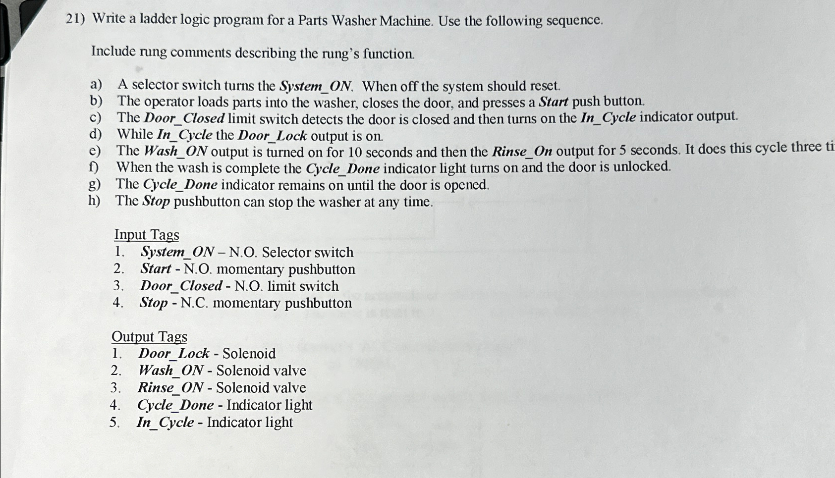 Solved Write a ladder logic program for a Parts Washer | Chegg.com