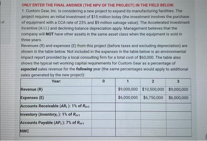 Solved ONLY ENTER THE FINAL ANSWER (THE NPV OF THE PROJECT) | Chegg.com