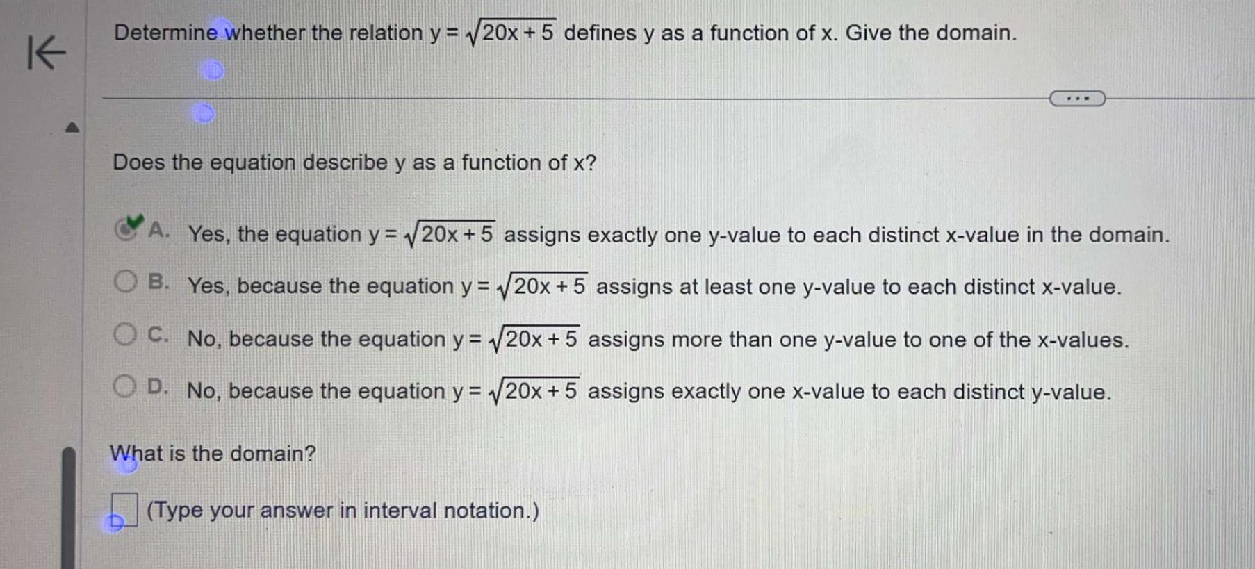 Solved Determine whether the relation y=20x+52 ﻿defines y | Chegg.com