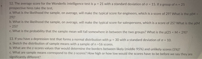 Solved 12. The average score for the Wonderlic intelligence | Chegg.com