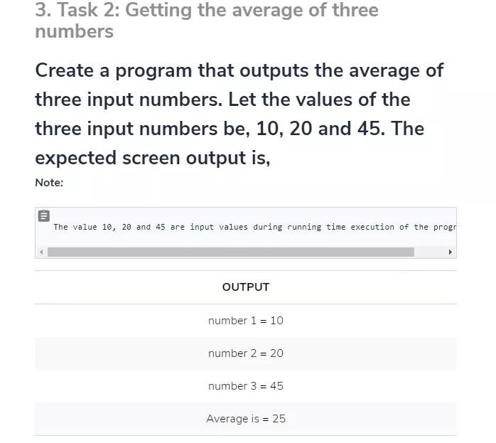 Solved 3. Task 2: Getting the average of three numbers | Chegg.com