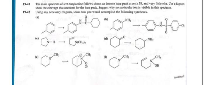 Solved 19-41 19-42 The mass spectrum of tert-butylamine | Chegg.com