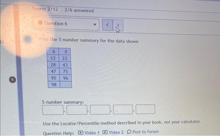 Solved Find the 5 number summary for the data shown 5 number | Chegg.com
