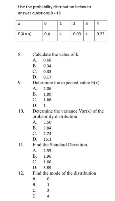 Solved Use the probability distribution below to answer | Chegg.com