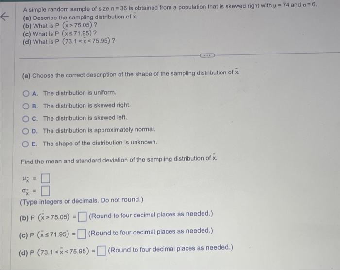 Solved A simple random sample of size n=36 is obtained from | Chegg.com