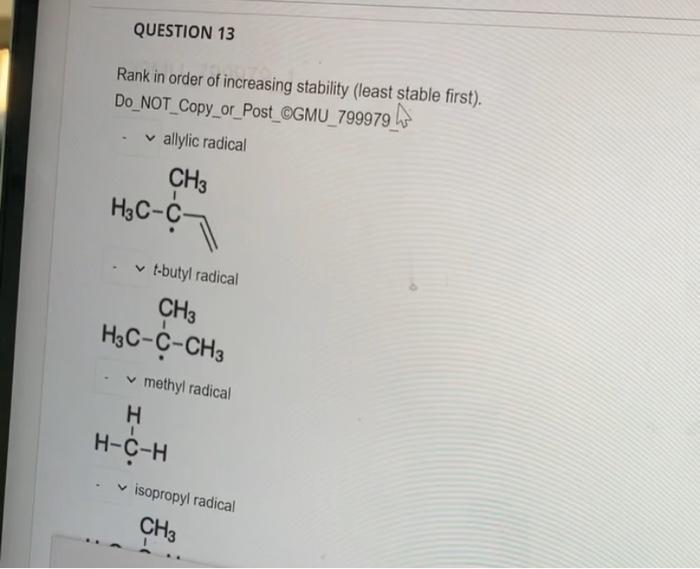 Solved Rank in order of increasing stability (least stable | Chegg.com
