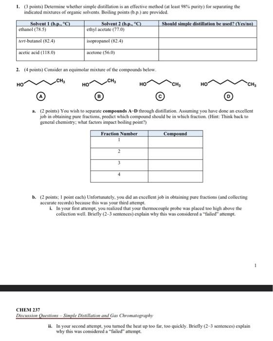 Solved 1. (3 points) Determine whether simple distillation | Chegg.com