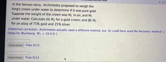 Solved the crown In the famous story, Archimedes proposed to | Chegg.com