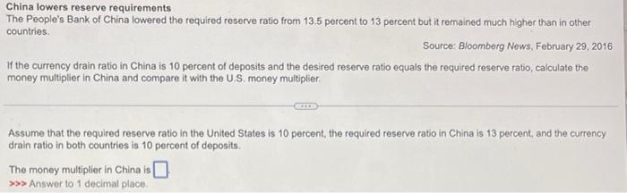 Solved China lowers reserve requirements The People's Bank | Chegg.com
