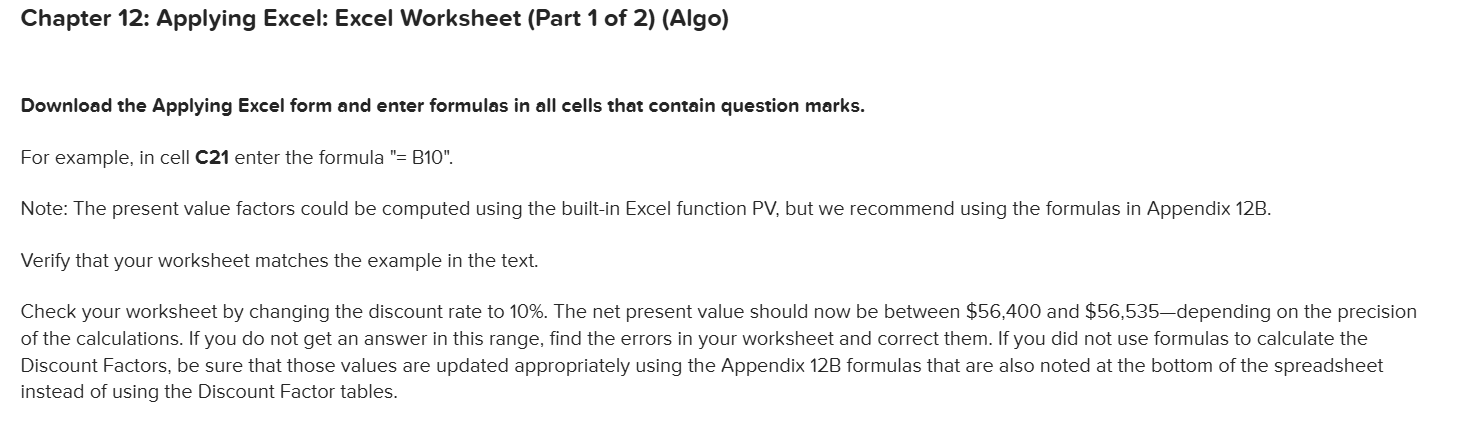 Solved Chapter 12: Applying Excel: Excel Worksheet (Part 1 | Chegg.com