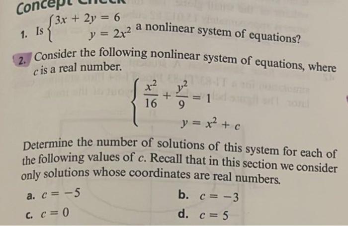 Solved 1. Is {3x+2yy=6=2x2 a nonlinear system of equations? | Chegg.com