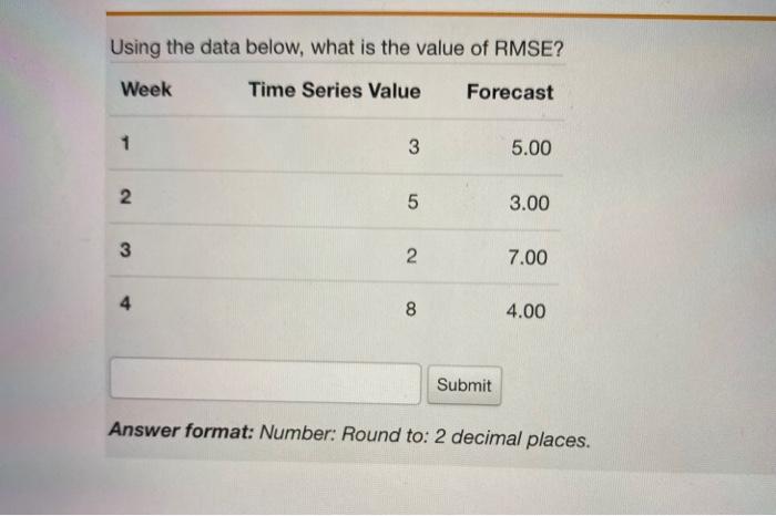 Solved Using the data below, what is the value of RMSE? Week | Chegg.com