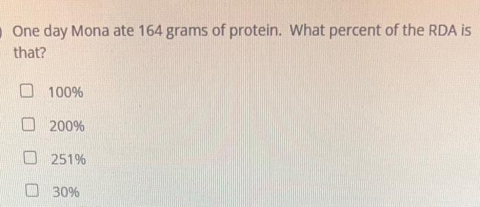 Solved One day Mona ate 164 grams of protein. What percent | Chegg.com