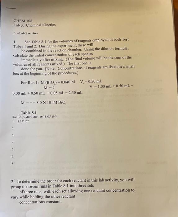 Solved CHEM 108 Lab 3: Chemical Kinetics Pre-Lab Exereises | Chegg.com