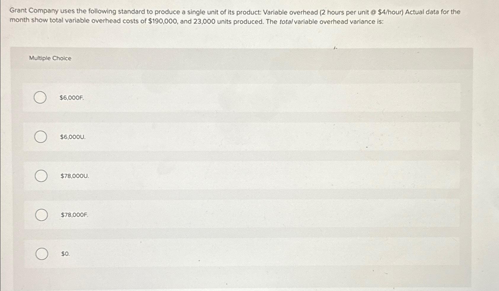 Solved Grant Company uses the following standard to produce | Chegg.com