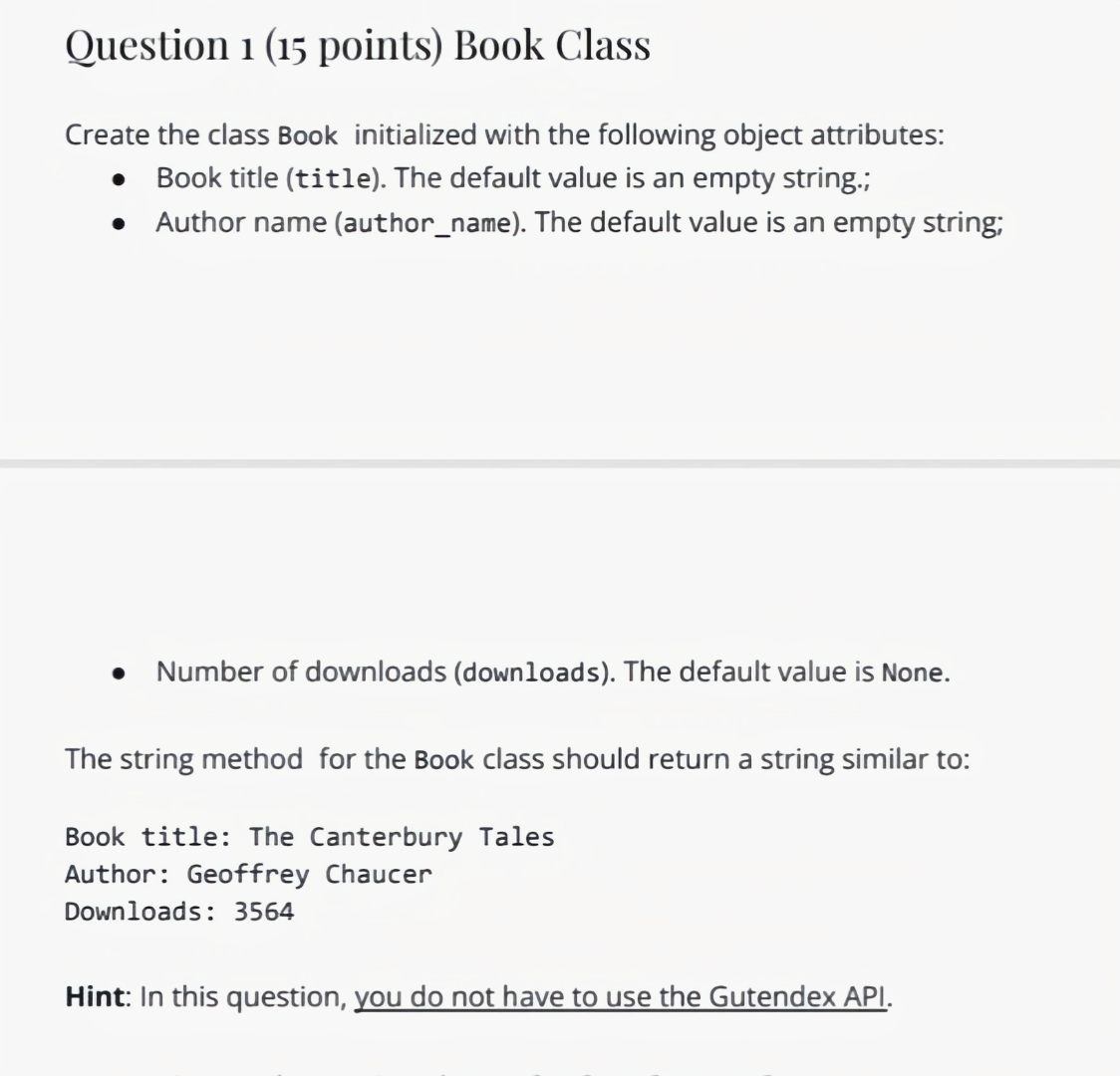 Solved Question 1 (15 ﻿points) ﻿Book ClassCreate the class | Chegg.com