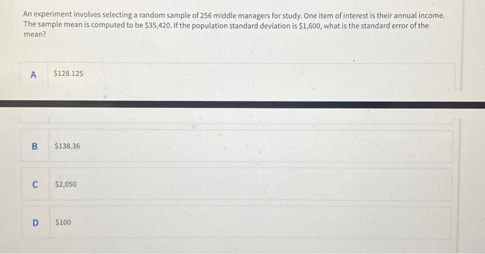 Solved An experiment involves selecting a random sample of | Chegg.com