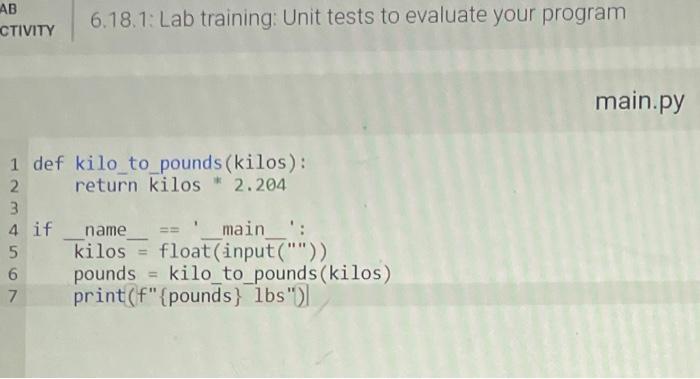 Solved 6. 18 Lab training: Unit tests to evaluate your | Chegg.com Solved 6. 18 Lab training: Unit tests to evaluate your | Chegg.com