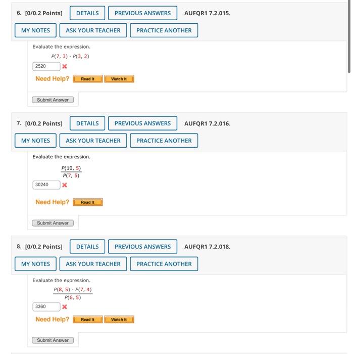 Solved P(7,3)⋅P(3,2) x /0.2 Points] Evaluate the expression. | Chegg.com