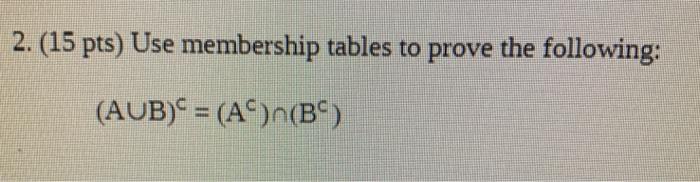 Solved 2. (15 pts) Use membership tables to prove the | Chegg.com