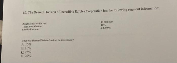 Solved 87. The Dessert Division of Incredible Edibles | Chegg.com
