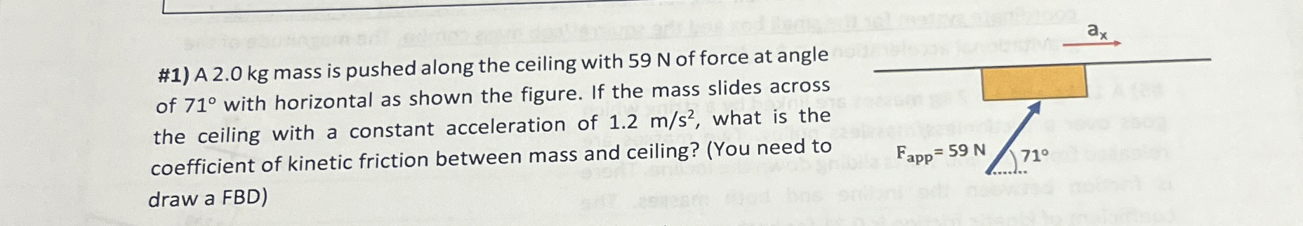 Solved #1) ﻿A 2.0 ﻿kg mass is pushed along the ceiling with | Chegg.com