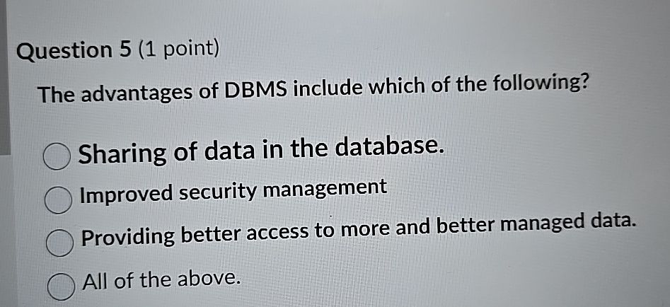 Solved Question 5 (1 ﻿point)The advantages of DBMS include | Chegg.com