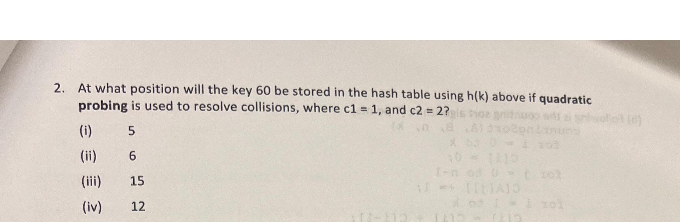 Solved At what position will the key 60 ﻿be stored in the | Chegg.com
