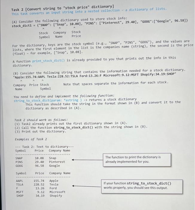 Solved Task 2 [Convert string to "stock price" dictionary] | Chegg.com