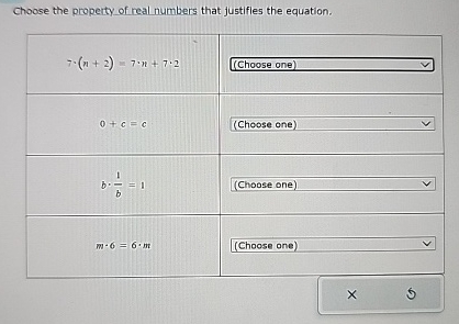 Solved Choose the property of real numbers that justifies | Chegg.com