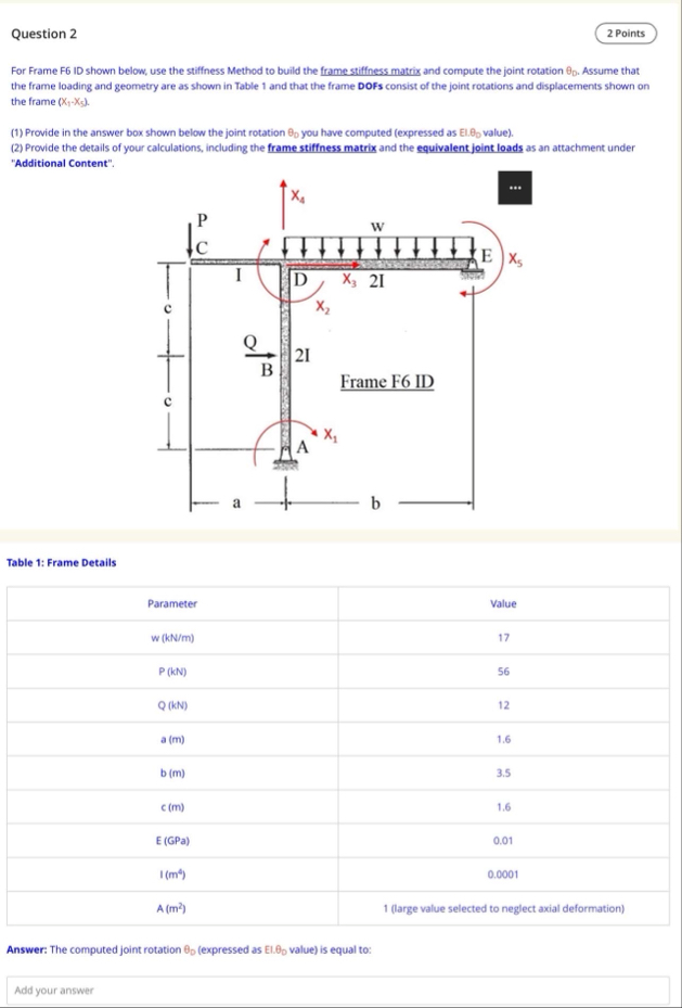 [Solved]: Question 2 For Frame F6 ID shown below, use the st