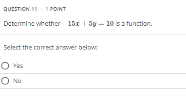 Solved QUESTION 11 - 1 ﻿POINTDetermine whether -15x+5y=10 | Chegg.com