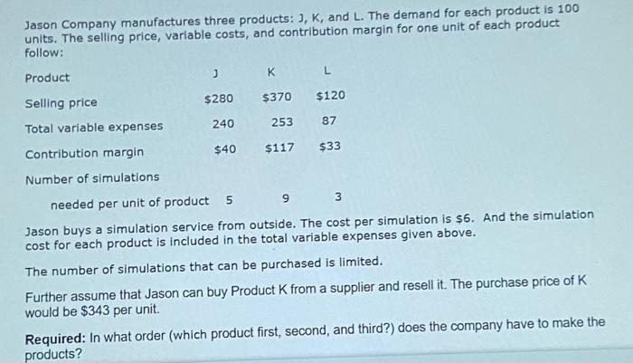 Solved Jason Company manufactures three products: J, K, and | Chegg.com