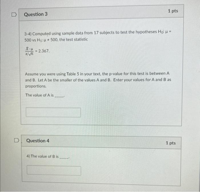 Solved 1) Computed using sample data from ten subjects to | Chegg.com
